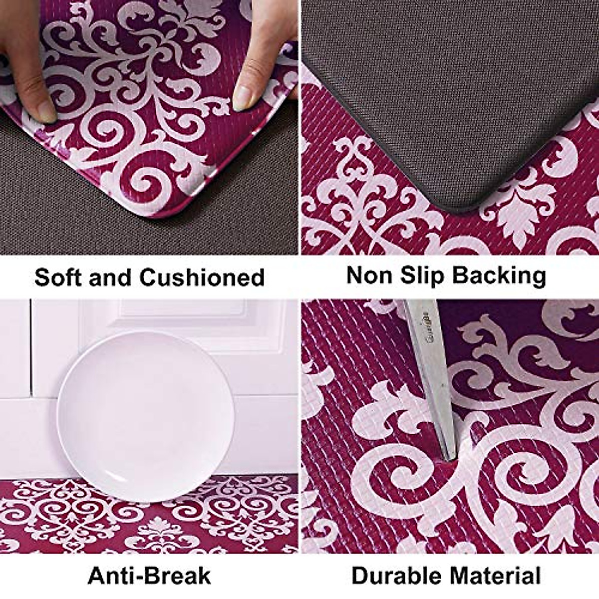 COSY HOMEER 59x18 Inch/30X18 Inch Cushioned Anti-Fatigue Kitchen Rug, 2 Pieces PVC Ergonomic Comfort Standing Foam Mats,Waterproof Non-Slip Kitchen Mats and Rugs for Floor Home Sink,RED