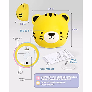 SomeShine Kids Night Light - Detachable Tiger Wall and Desk Kawaii Lamp with Mount, Touch Operation, 1 Hour Auto-Off Timer, and Adjustable Brightness, Safe and Durable Nursery Night Light for Kids