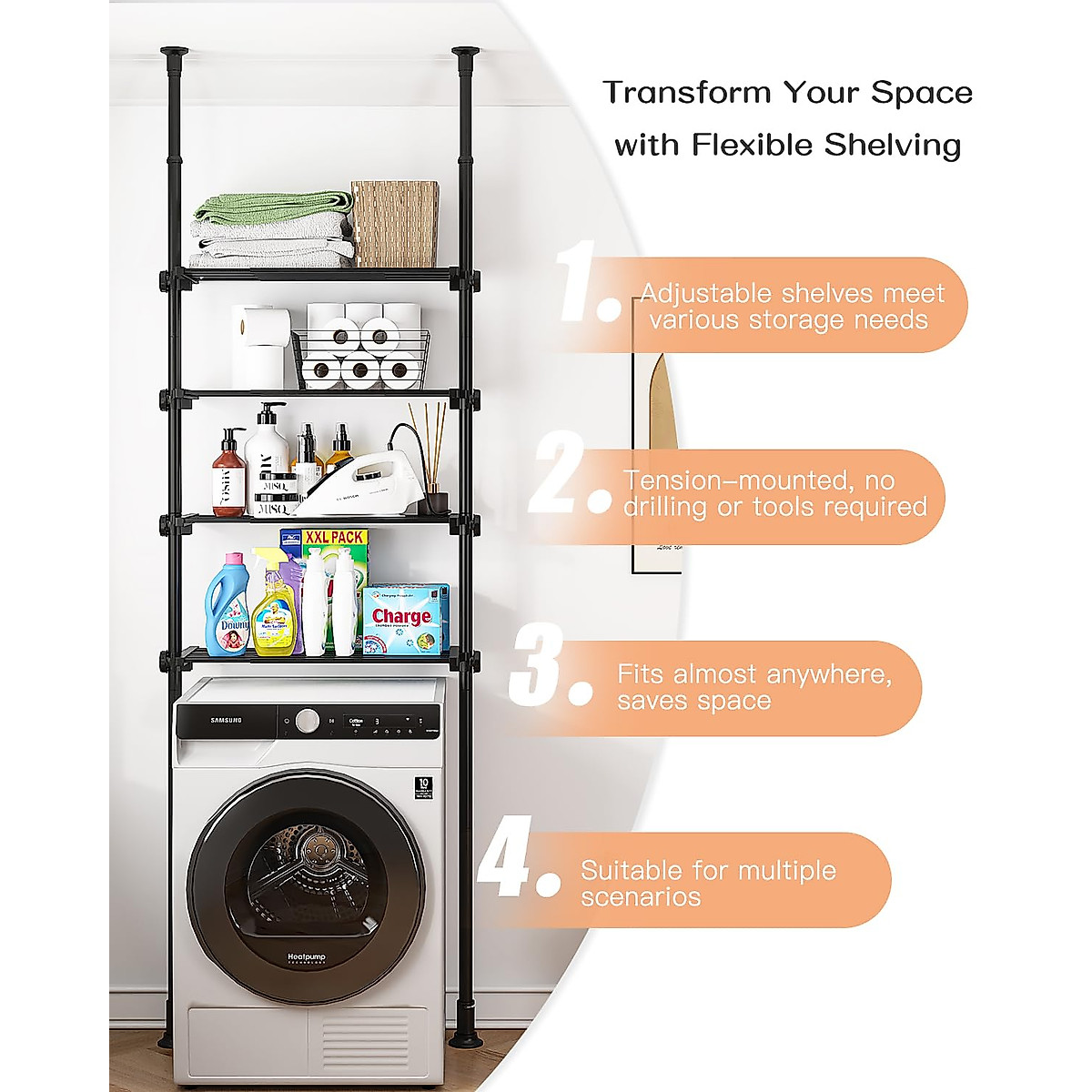 ALLZONE Adjustable Over The Toilet Storage Shelf, 4-Tier Ample Over Toilet Bathroom Organizer and Storage,Tension Mounted Above Toilet Storage Cabinet for Versatility, Fits 64-113 Inch Heights, Black