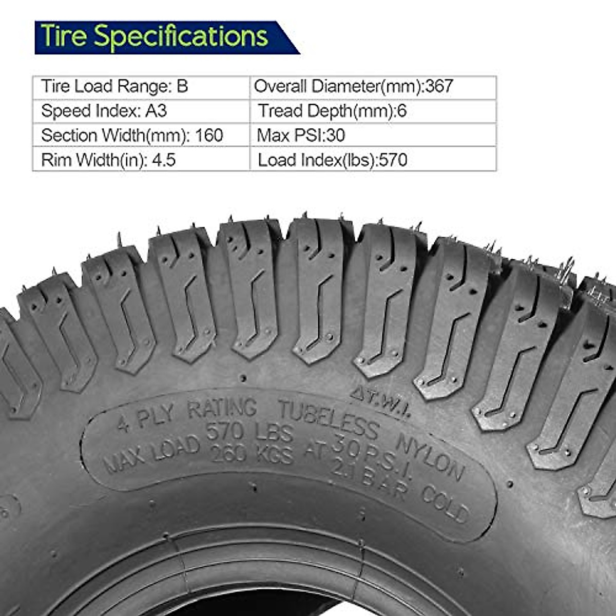 MaxAuto Set of 4 Lawn Mower Turf Tires 15x6-6 Front & 20x10-8 Rear,4PR,Tubeless