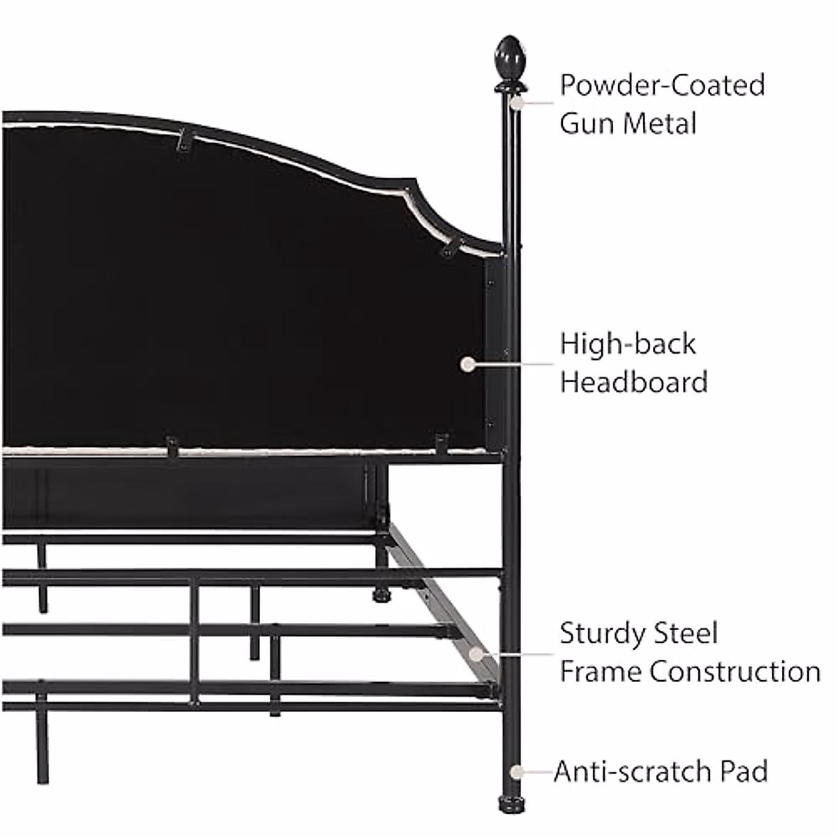 Furniture of America Eleanor Modern Curved Metal Poster Bed King Size with Boucle Fabric Headboard and Panel Style Footboard, Box Spring Required, Gunmetal Black