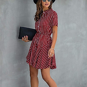 Shakumy Women Short Sleeve Button Swing Mini Dress Casual Summer Plaid Stripe Snakeskin Loose Tunic Shirts Short Dress