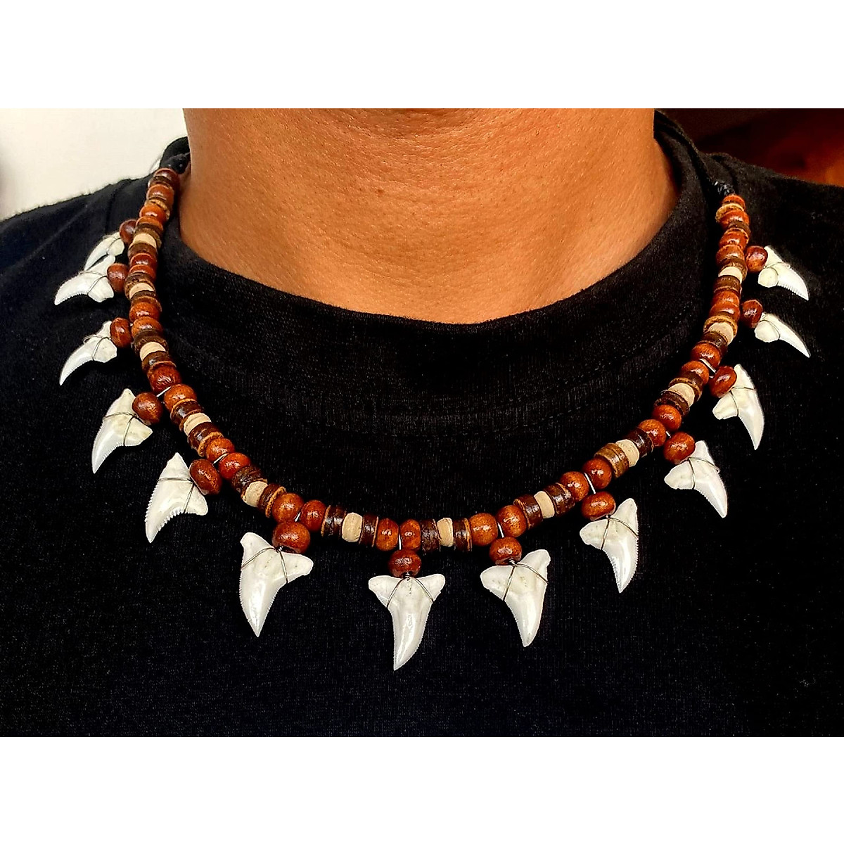 Swimmi 13! Genuine Shark Teeth Necklace for Men, Mako Shark Tooth Necklace, Handmade Wooden Beads Cords Shark Tooth Necklace for Women Jewelry AA086