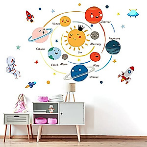 Beilinlok Solar System Wall Decals for Kids Room, Space Planet Large Wall Stickers Kids Bedroom, Cute Educational Wall Decal Decors for Nursery, Playroom, Boys Room, Girls Room, Classroom, School.