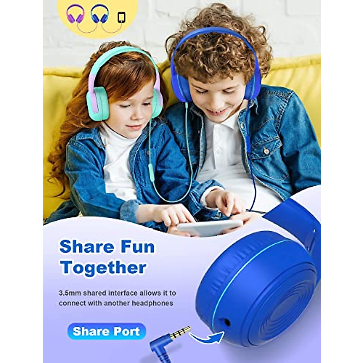 Kids Headphones with Microphone for School, Wired Over Ear Headphones with 85/94dB Safe Volume Limited, Audio Share Port, 3.5mm Jack Foldable Toddler Headphones for Tablet/PC/Phones