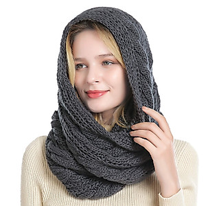 QUEENFUR Winter Women Thick Cable Knit Ribbed Infinity Circle Loop Scarf (16- Dark Grey Beanie and Scarf Set)