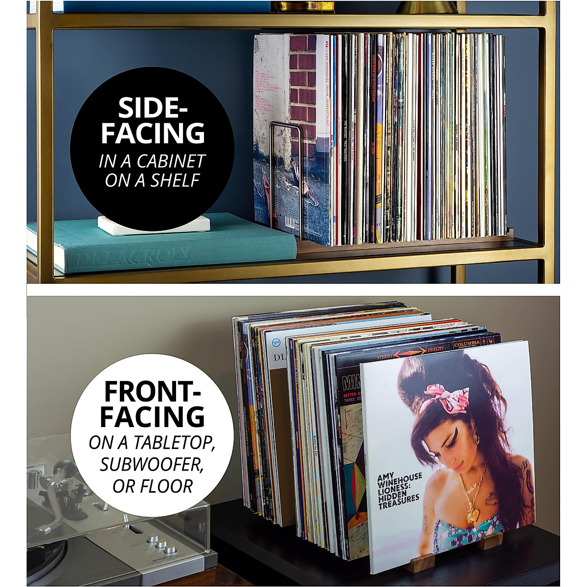 Durable Vinyl Record Storage Holder for 75 LPs, Solid Walnut Vinyl Record Stand with Built-in Now Playing Display, Sleek Vinyl Record Holder & Display for Albums