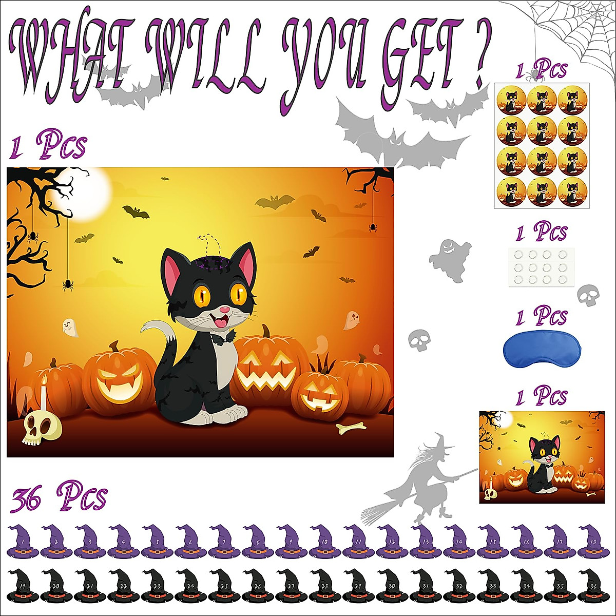 Morcheiong Halloween Game Pin The Tail on The Cat Game with 36 Hats, Halloween Party Activities Favors Supplies for Kids