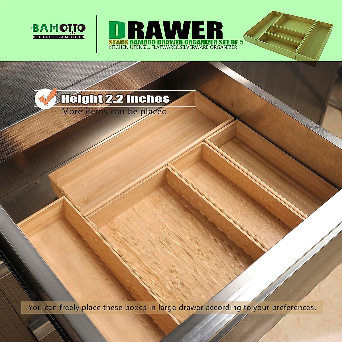 BAMOTTO Stack Bamboo Drawer Organizer Set of 5, Kitchen Utensil, Flatware&Silverware Organizer-Wood Laminated Stackable Drawer Organizer for Kitchen, Bedroom, Living Room Storage Box