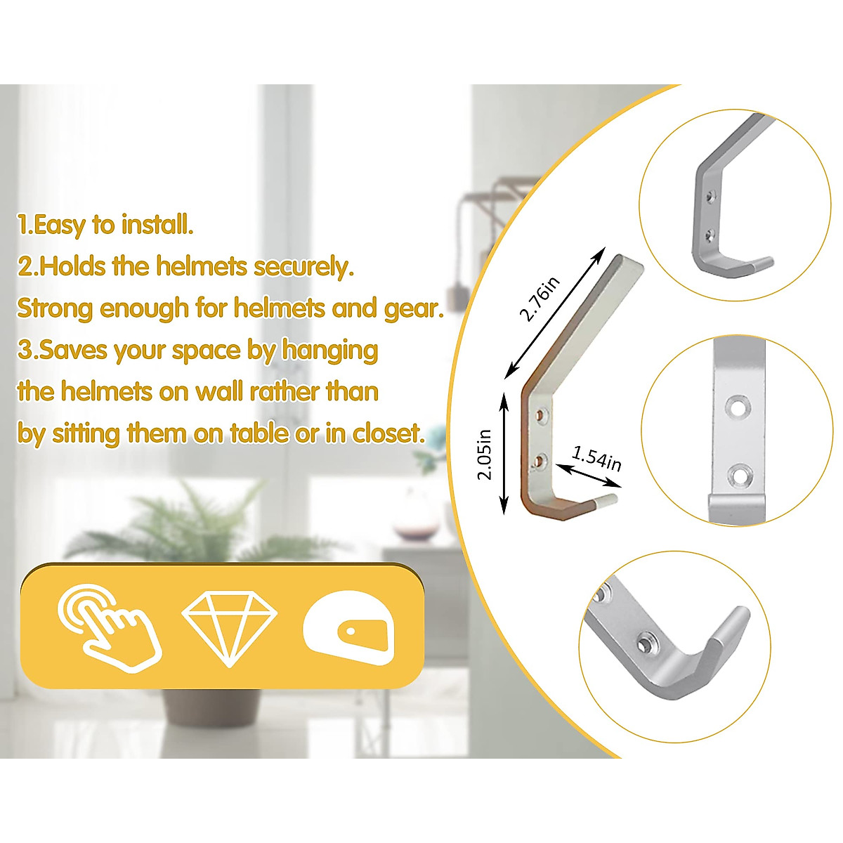 Deloky 4 Pack Motorcycle Helmet Holder Hook -Jacket Bags Wall Mount Cloth Display Rack Hook with Mounting Screws (4pcs Hook+ 8pcs Screws)