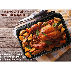 Roasting Pan with Rack and Handles - 15 Inch Carbon Steel Roaster Pan for Oven - Large Roaster Pot for Turkey Chicken Meat & Vegetables, Dishwasher Safe, Heavy Duty, Black