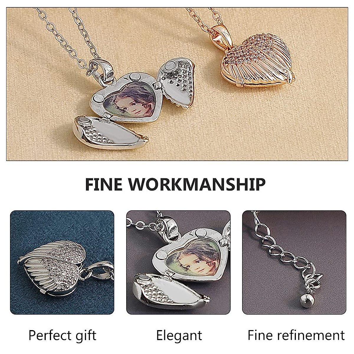 Locket Necklace Heart Shaped Angel Wing Photo Locket Necklace Memory Pendant with Personalized Picture Creative Neck Chain for Women Men, Silver