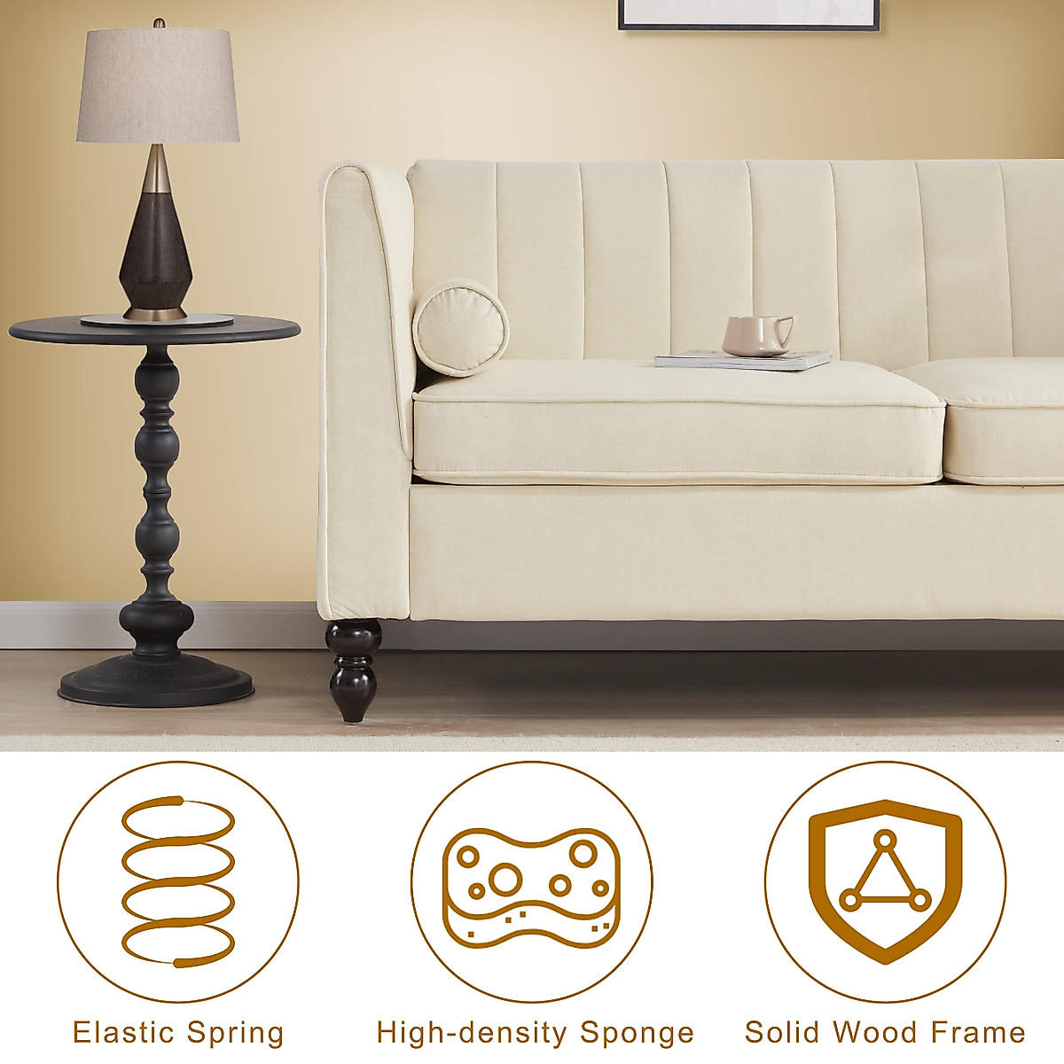 Kingfun 67" Modern Sofa for Living Room, Comfy Loveseat Linen Fabric with 2 Bolster Pillows, Mid Century Modern Couch Small Love Seat for Bedroom with Solid Wooden Frame and Padded Cushion, Beige