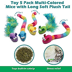 Jumpaws 5 Pack Interactive Catnip and Feather Cat Toys, Multi-Colored Mice with Long Feather Tail, Accessories for Indoor Cat, Catnip Plush Toys with Natural Feathers and Rattles