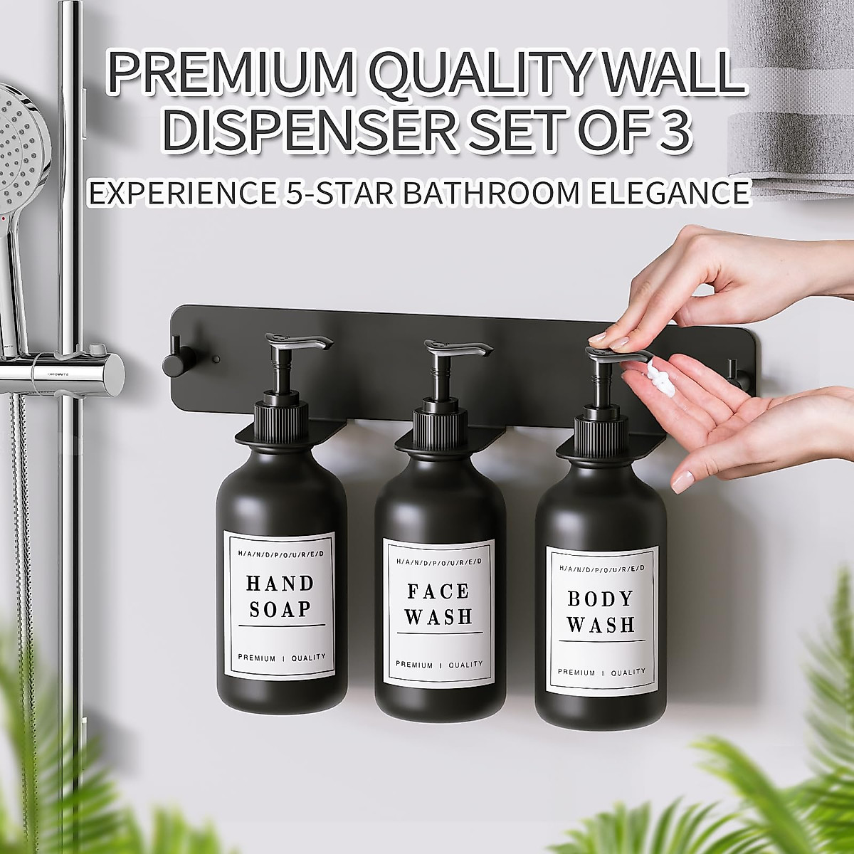 XLHOMO Shampoo and Conditioner Dispenser, Matte Black Body Wash Shower Soap Dispenser Wall Mounted 3 Chamber with Labels Bath Sponge, Drill Free 17oz Plastic Shower Bottles Refillable for Bathroom