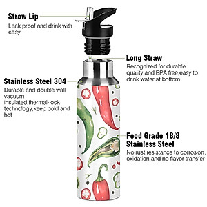 Chilli Hot Pepper Insulated Water Bottle with Straw Lid Stainless Steel Vacuum Bottles with Handle for Hot & Cold Drinks 20 oz BAP-Free