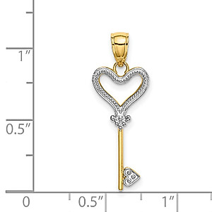 Key with Heart Charm In Real 14k Yellow Two Tone Gold 23 mm x 10 mm