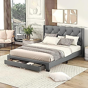 OMMGG Queen Size Upholstered Platform Bed with Two Drawers and Button Tufted Headboard, Linen Fabric Storage Bedframe w/Reinforced Wooden Slats & 4 Supporting Legs, No Box Spring Needed