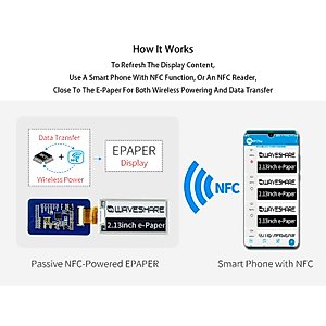 waveshare 2.13 inch Passive NFC-Powered e-Paper,250×122 Pixel, No Battery Required No Messy Wiring Novel Passive NFC Tech Wireless Powering & Data Transfer APP Provided