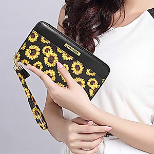 ENYISDAN Wristlet Wallets for Women Sunflower RFID Blocking Leather Zip Cute Long Purse Clutch