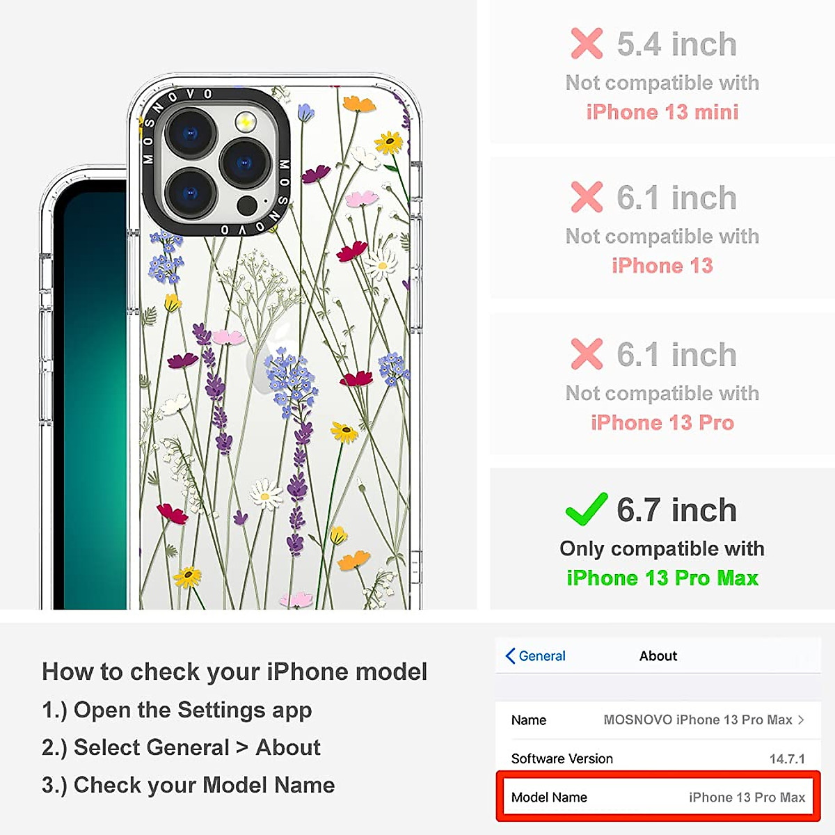MOSNOVO Case for iPhone 13 Pro Max, [Buffertech 6.6ft Military-Grade Drop Protection] [Anti Peel Off Tech] Clear TPU Bumper Phone Case Cover Design - Floral Garden
