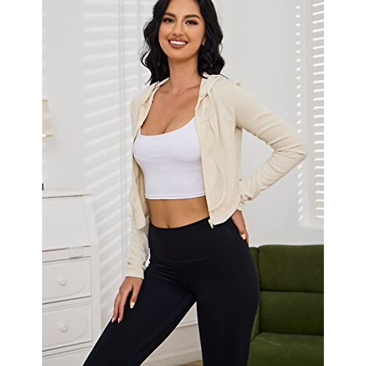 Xishiloft Women's Crop Top Hoodie Jacket Y2k Slim Fit Knitted Long Sleeve Bustier Sweatshirt Cardigans(Off-White,XS)