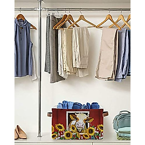 Sunflower Barn Cow Cube Storage Organizer Bins with Handles, 15x11x9.5 Inch Collapsible Canvas Cloth Fabric Storage Basket, Retro Farmhouse Animal Books Kids' Toys Bin Boxes for Shelves, Closet