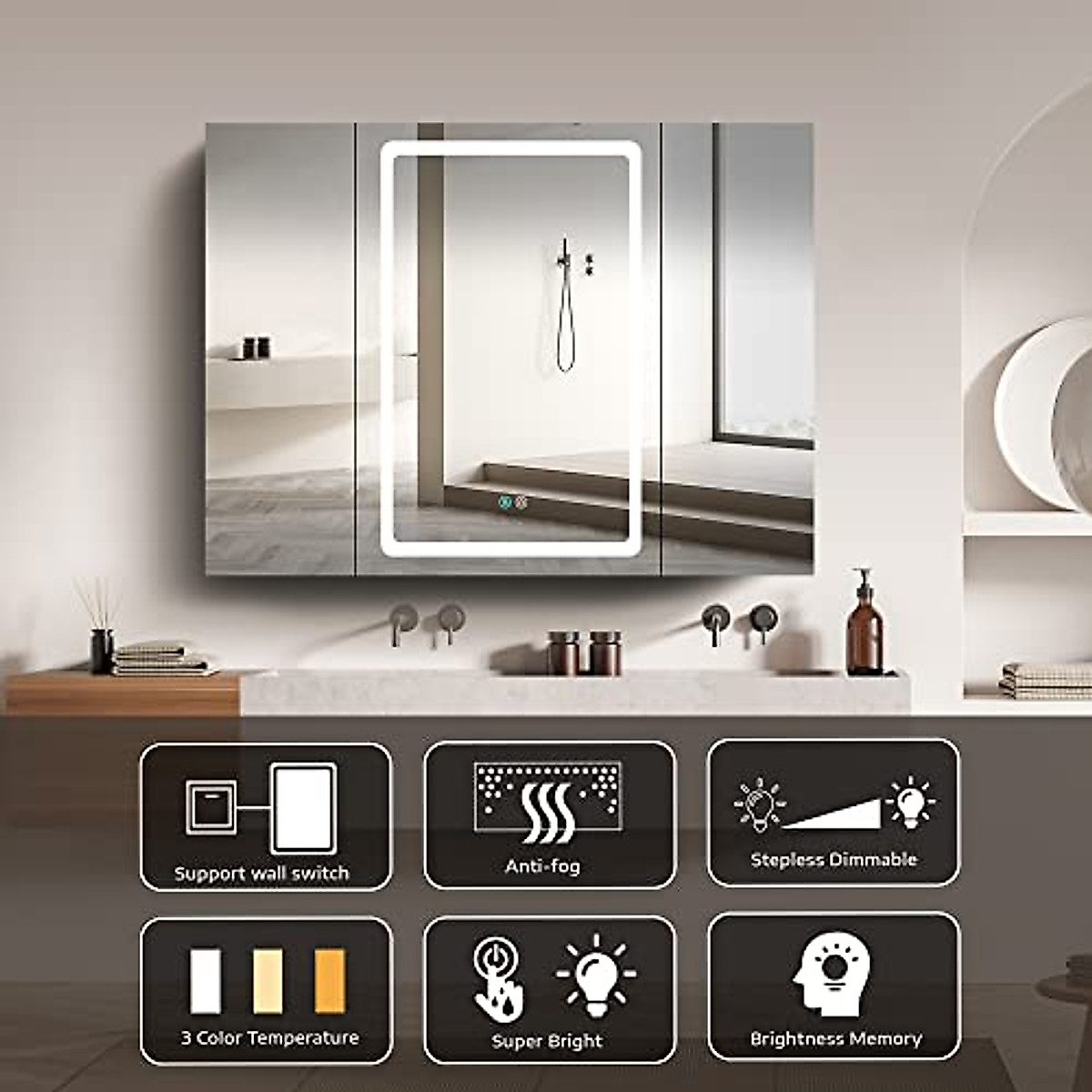 GETPRO Medicine Cabinets 40 x30 inch LED Lighted Medicine Cabinet Mirror for Bathroom Black Aluminum Surface Mount Anti-fogger Function 3 Color Temperature Adjustable Brightness