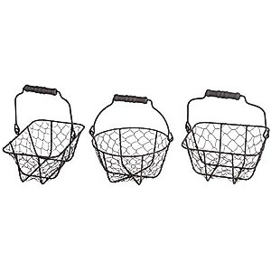 All-Purpose Display Baskets in 3 Shapes, Gray Metal Wire with Wood Handle, Rectangle- 5 Inches, Square- 6.75 Inches and Circle- 7.5 Inches