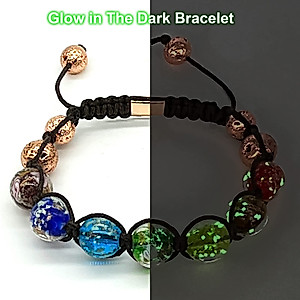 Glow in The Dark Chakra Beaded Bracelets for Women Men, 12mm Lampwork Rainbow Beads Rose Gold Lava Rock Anxiety Bracelets, Stress Relief Adjustable Shamballa Wrap Bracelet (Shamballa Bracelet)