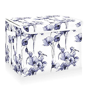 CaTaKu Purple Poppy Storage Bins with Lids and Handles, Fabric Large Storage Container Cube Basket with Lid Decorative Storage Boxes for Organizing Clothes