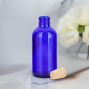 JUVITUS (4 Pack) 8 oz Cobalt Blue Boston Round Thick Plated Glass Bottle with Cork Stopper