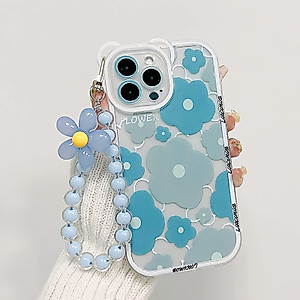 NITITOP Compatible for iPhone 13 Pro Max Case Clear Flower Floral Camera with Lovely Bracelet Chain Bear Lens Case for Women Girls, Shockproof Protective Soft TPU Cover - Blue