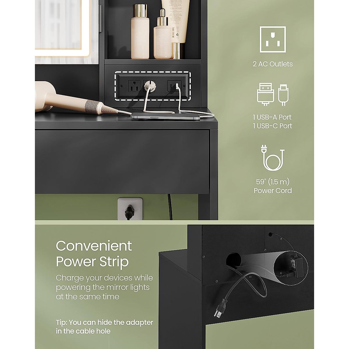 VASAGLE Vanity Desk with Power Outlets, Makeup Vanity with Mirror and Lights, Upholstered Vanity Stool, Dimmable LED Lights, 6 Compartments, 2 Drawers, for Bedroom, Ink Black URDT031B01