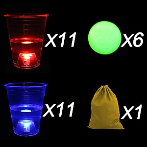 Six Senses Media The Dark Beer Pong Set,Beer Pong Party Cup Set, LED Beer Pong Cups and Glow-in-The-Dark Balls,22 Set