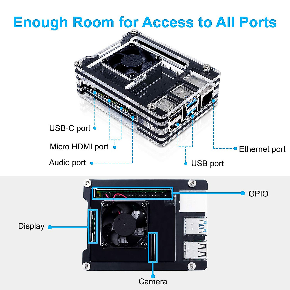 Smraza Raspberry Pi 4 Case, Acrylic Case for Raspberry Pi 4B, with Fan 35mm, 4PCS Heatsinks for Pi 4 Model B RPI 8GB/4GB/2GB Black and Clear (Upgrade, Large Fan and Large Heat Sinks)