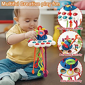 4 In 1 Baby Sensory Toys 6-12-18 Months, Montessori Pull String Infant Teething Toy 6 8 9 10 12 M+ Stacking Building Block Sensory Shape Bin Baby Learning Toys 3-6 Months Toddler Age 1-3 Girl Boy Gift