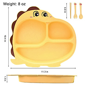 THERDO Toddler Plate and Utensil Set, Divided Baby Plate, Self Feeding Training for Baby, Bamboo Kids Food Plate BPA Free, Microwave Dishwasher Safe, Cute Dinosaur Shaped Cartoon Feeding Plate(Yellow)