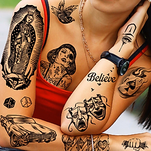 TASROI 6 Sheets Large Chicano Temporary Tattoos For Men Women Adult, Chicana Guadalupe Gangster Fake Tattoos Prisoner Day of the Dead, Halloween Mexico Tattoo Stickers, Tatuajes Temporales Autocolante