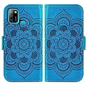 Asuwish Phone Case for Infinix Smart 5/Hot 10 Lite Wallet Cover with Tempered Glass Screen Protector and Leather Flip Credit Card Holder Stand Flower Folio Purse Cell Accessories X657B Women Men Blue