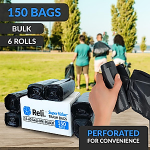 Reli. Easy Grab Trash Bags, 55-60 Gallon (150 Count), Made in USA | Star Seal Super High Density Rolls (Heavy Duty Can Liners, Garbage Bags, Bulk Contractor Bags 50, 55, 60 Gallon Capacity) - Black