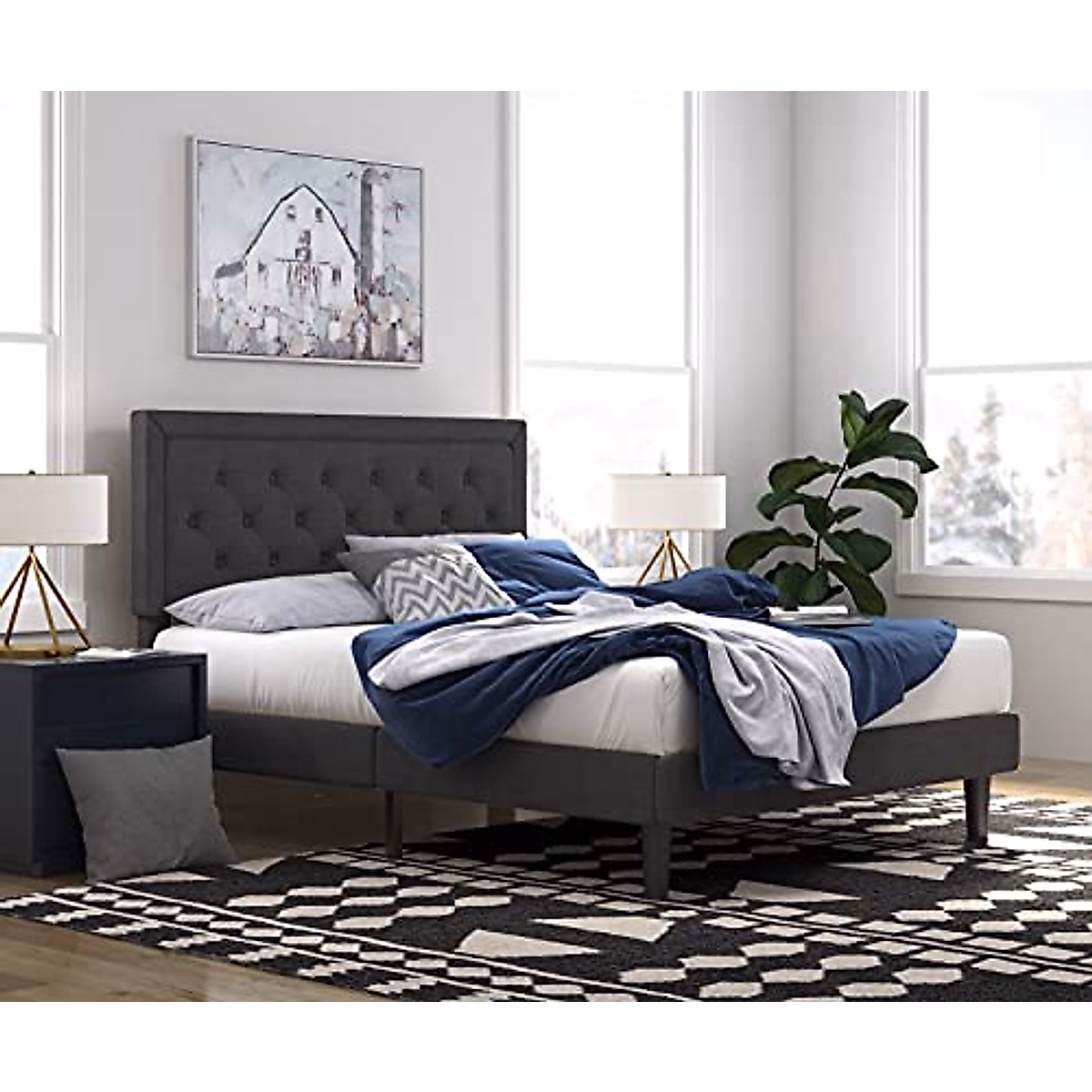 SHA CERLIN Queen Platform Bed Frame with Upholstered Headboard and Wood Slats, Fabric Rhombic Button Tufted Adjustable Headboard, No Box Spring Needed