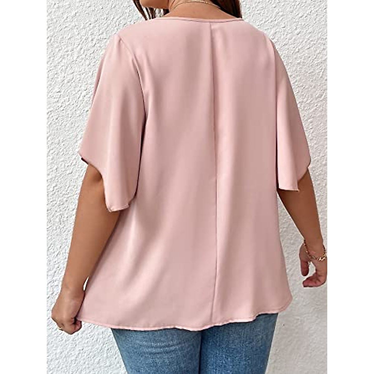 SOLY HUX Womens Plus Size Blouse Summer Tops V Neck Short Sleeve Casual Work Shirts Loose Flowy Blouses 2023 Solid Pink 3XL