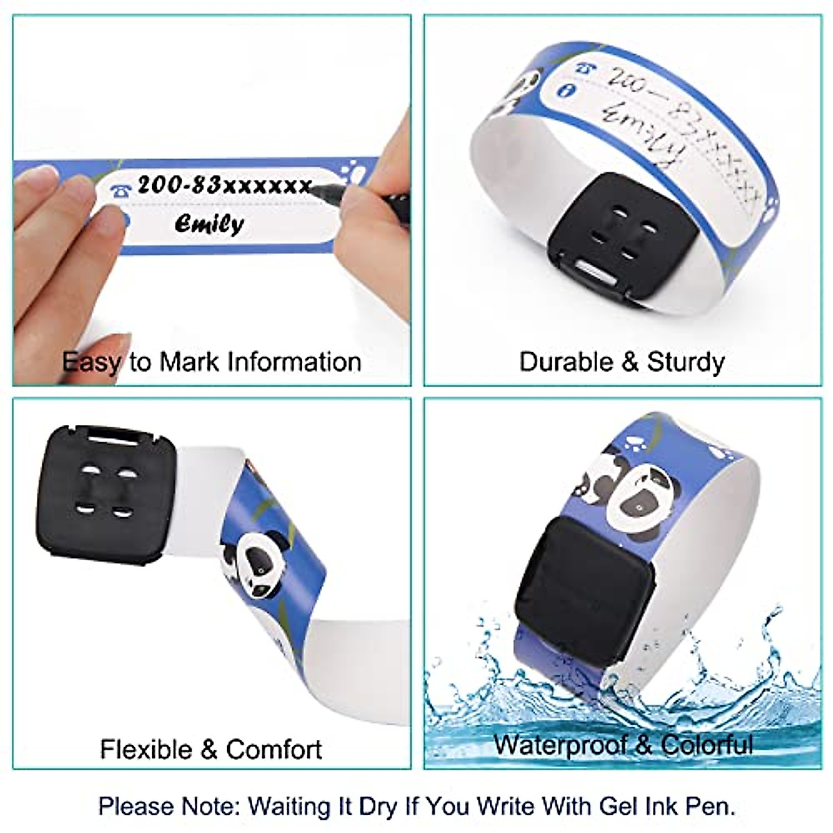 Wiwaplex 16Pcs Child Safety ID Bracelet Wristband, Identification Bracelets for Kids, Adjustable Waterproof Kids Safety Bracelet Wristband, Reusable Children Information ID Bracelet for Boys & Girls