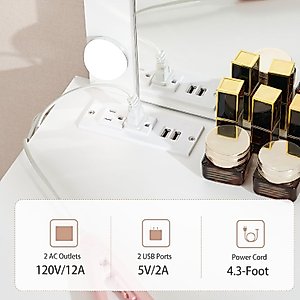 Quimoo Makeup Vanity Desk with Mirror & Lights, Vanity Desk with 4 Drawers & Power Outlet, Vanity Table with Open Storage Shelves, 3 Color Modes & Adjustable Brightness Dressing Table, Bedroom