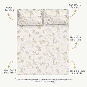 MakeMake Organics Organic Twin Fitted Sheet Set GOTS Certified Organic Cotton Fitted Sheet with Pillowcase Ultra Soft Non Toxic Breathable Hypoallergenic Animals Theme Room (Twin, Safari)