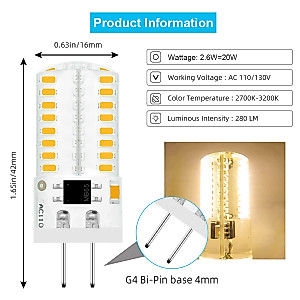 TIANZHILANSKY Pack 10 Mini G4 LED Bulb Dimmable 110V 120V 2.6W 280 Lumens 64pcs Silicone Lamp Equivalent to 20W Halogen Bulb Replacement Warm White 2700K-3200K 3000K Home Lighting