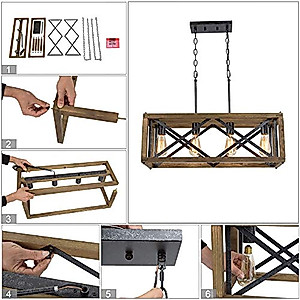 Farmhouse Chandelier, 4-Light Dining Room Lighting Fixtures Hanging, 27.5" Rustic Rectangle Chandelier for Kitchen Island