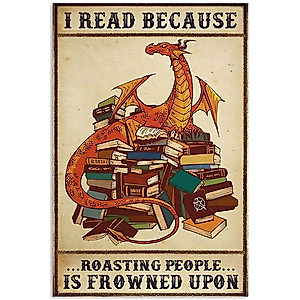 Vintage Metal Plaque Dragon Books I Read Metal Wall Plaque Decor Lovers Gift Outdoor Indoor Wall Panel Retro Vintage Mural 8x12 Inch
