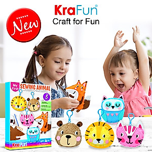 KRAFUN My First Sewing Animal for Kids, Beginner Art & Craft, 5 Easy Activities Stuffed Animal Dolls, Keyring Charms, Instructions & Felt Materials for Learn to Sew, Embroidery